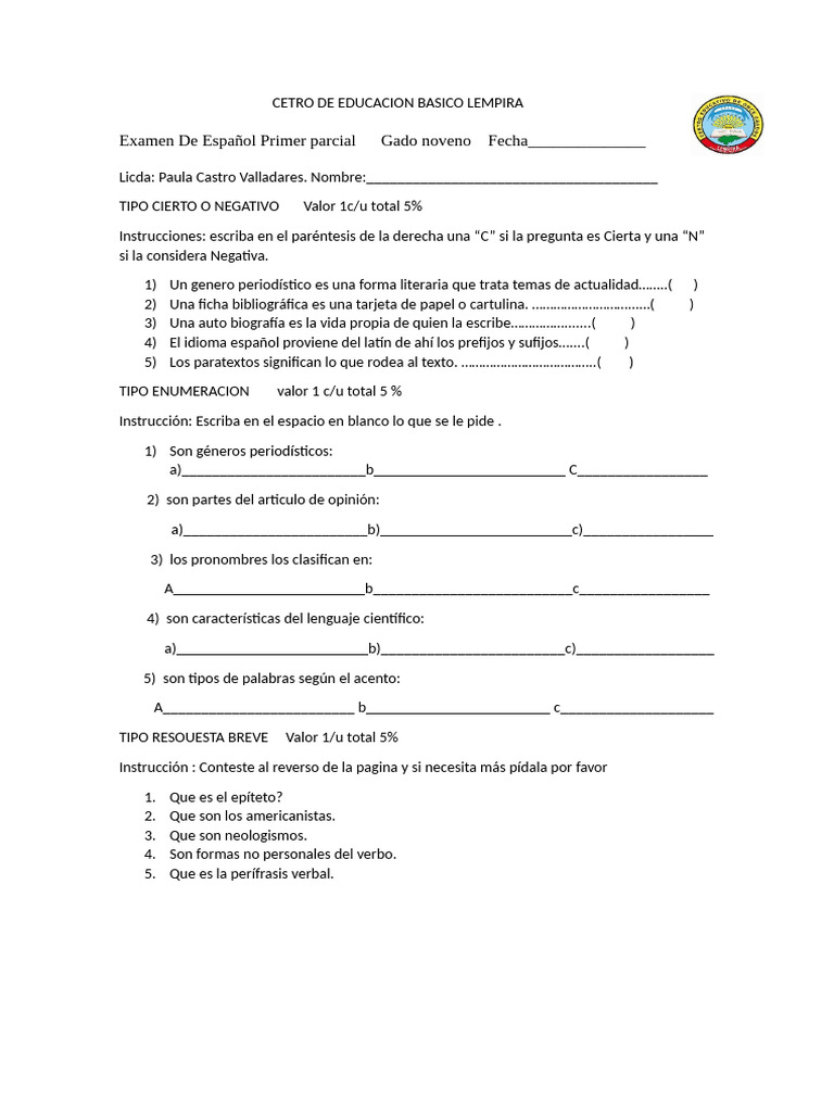 Examen de Español Noveno Grado 2025 | PDF