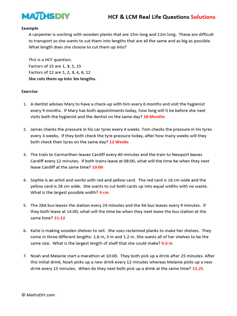 HCF LCM Real Life Questions Solutions | PDF