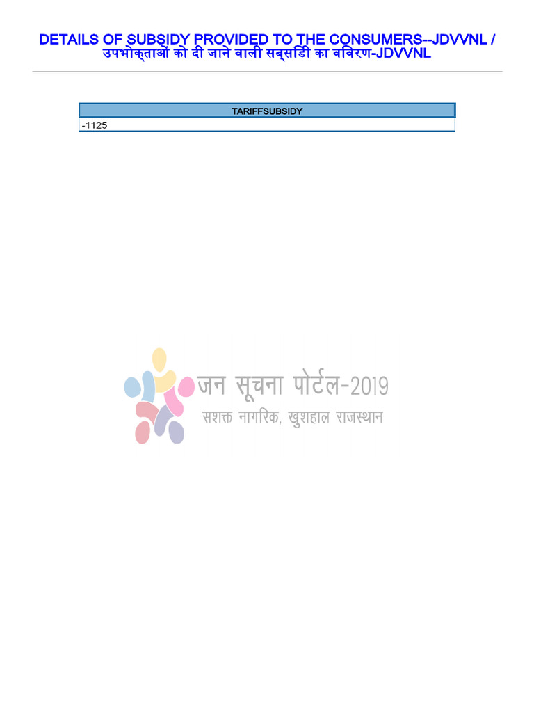 Details Of Subsidy Provided To The Consumers - Jdvvnl / उपभोक्ताओं को ...