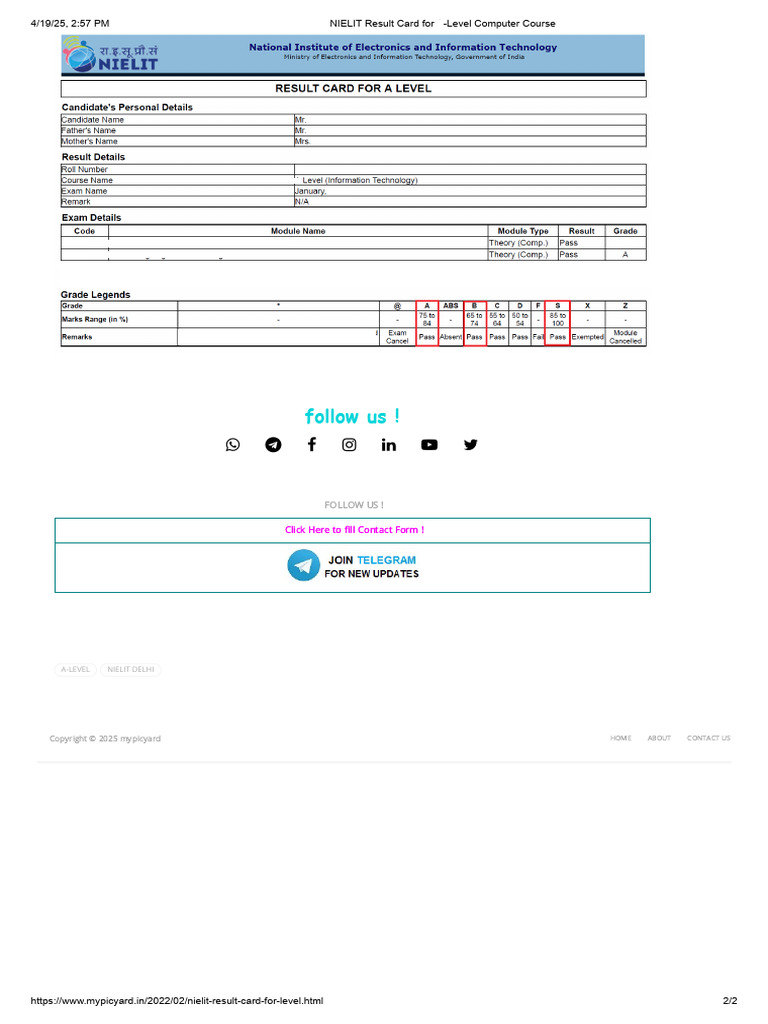 NIELIT Result Card For A-Level Computer Course | PDF