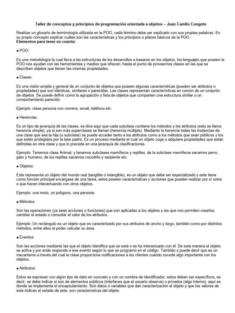 Taller de Conceptos y Principios de Programac | PDF | Objeto (informática) | Programación ...
