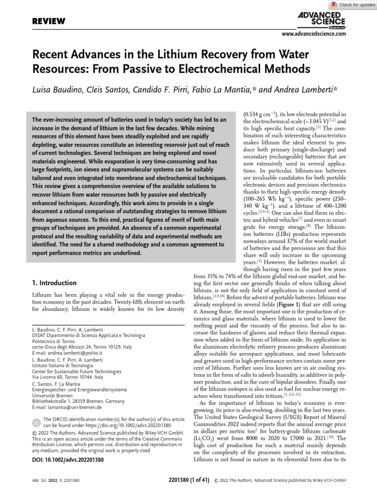 Recent Advances in the Lithium Recovery from Water Resources From ...