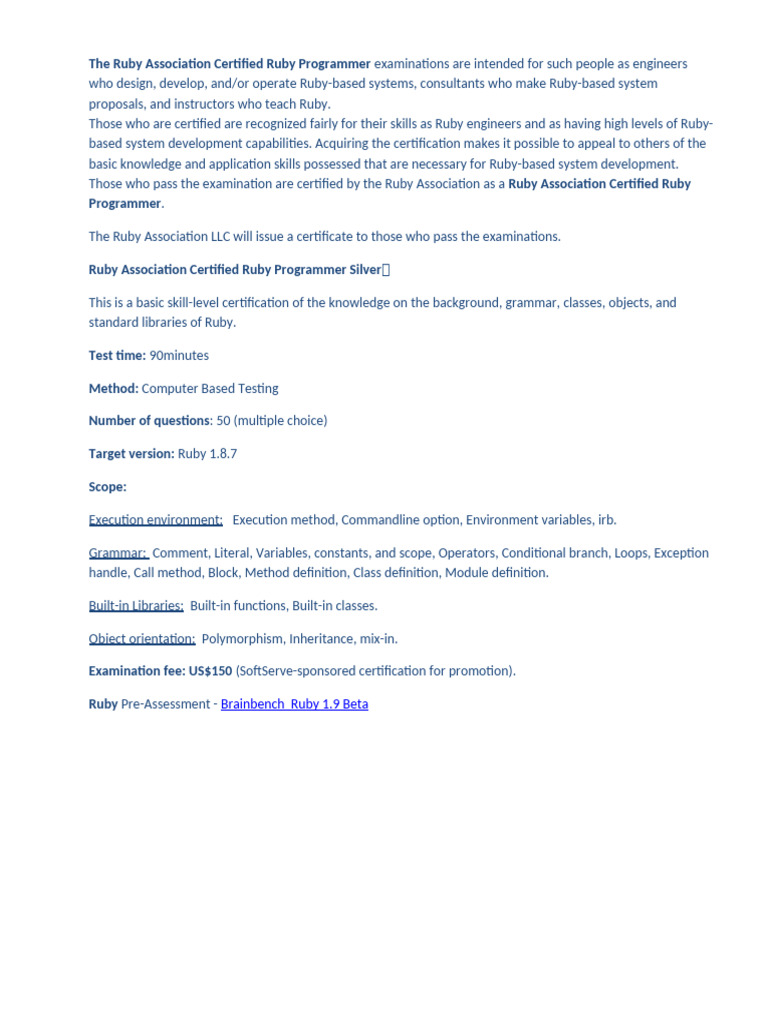 Ruby Association Certified Ruby Programmer Silver | PDF