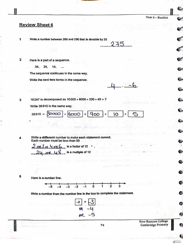 Year 6 - Review Sheet 6 - Ans - Key | PDF