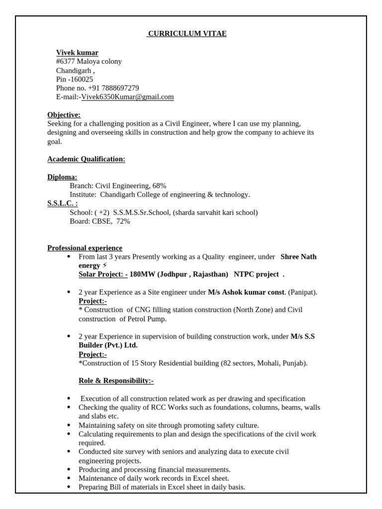Vivek Kumar, Civil Engineer CV | PDF