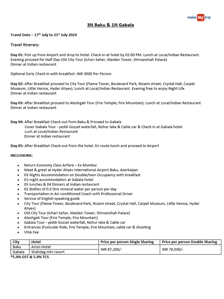 3N Baku - 1N Gabala Package - MMT | PDF