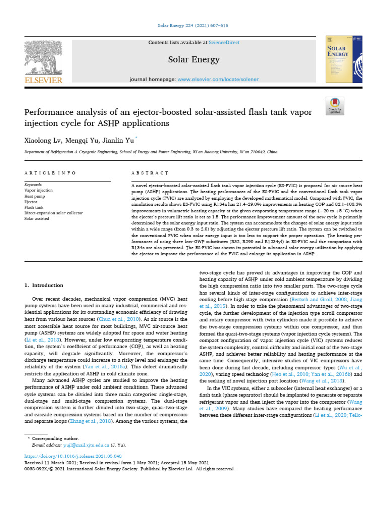 Performance analysis of an ejector-boosted solar-assisted flash tank ...