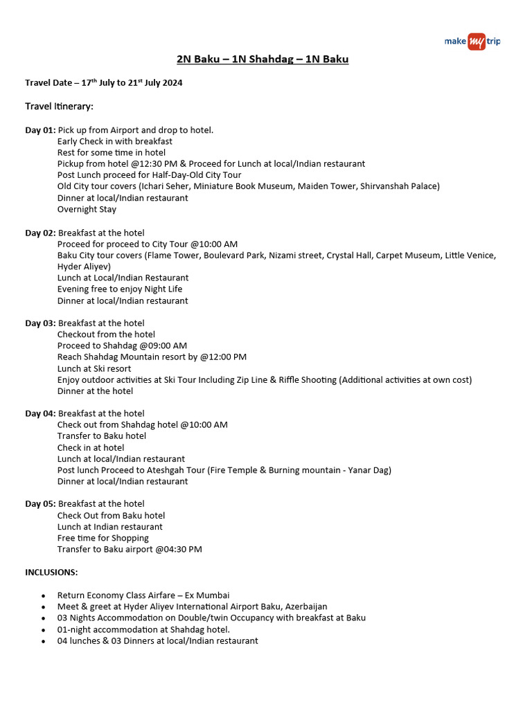 3N Baku - 1N Shahdag Package - MMT | PDF