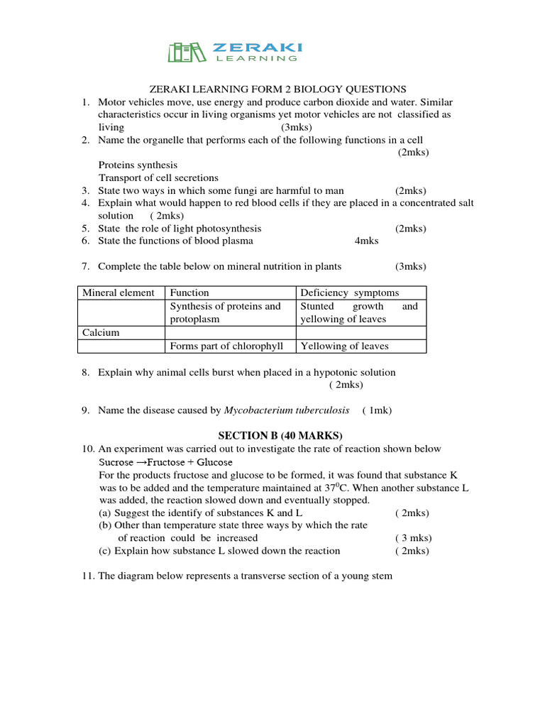 Zeraki Learning Form 2 Biology Questions | PDF | Leaf | Circulatory System