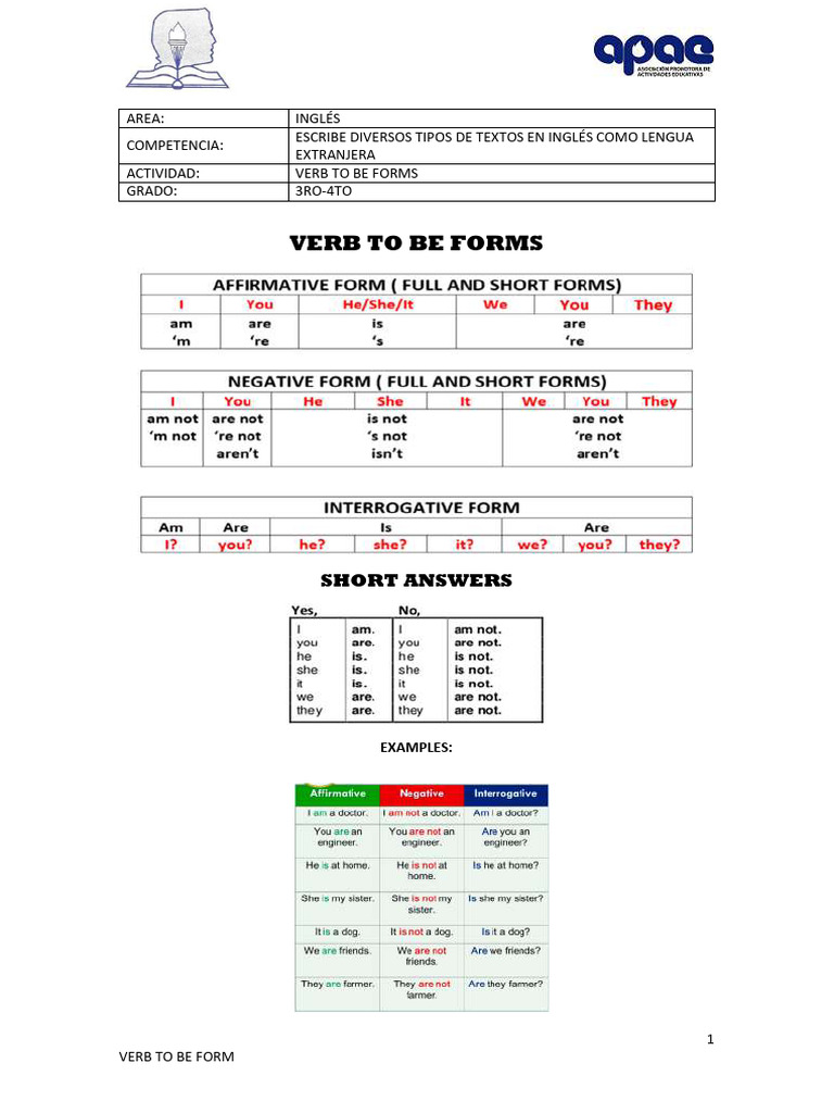 Verb To Be Exercises for English Learners | PDF | Syntactic ...