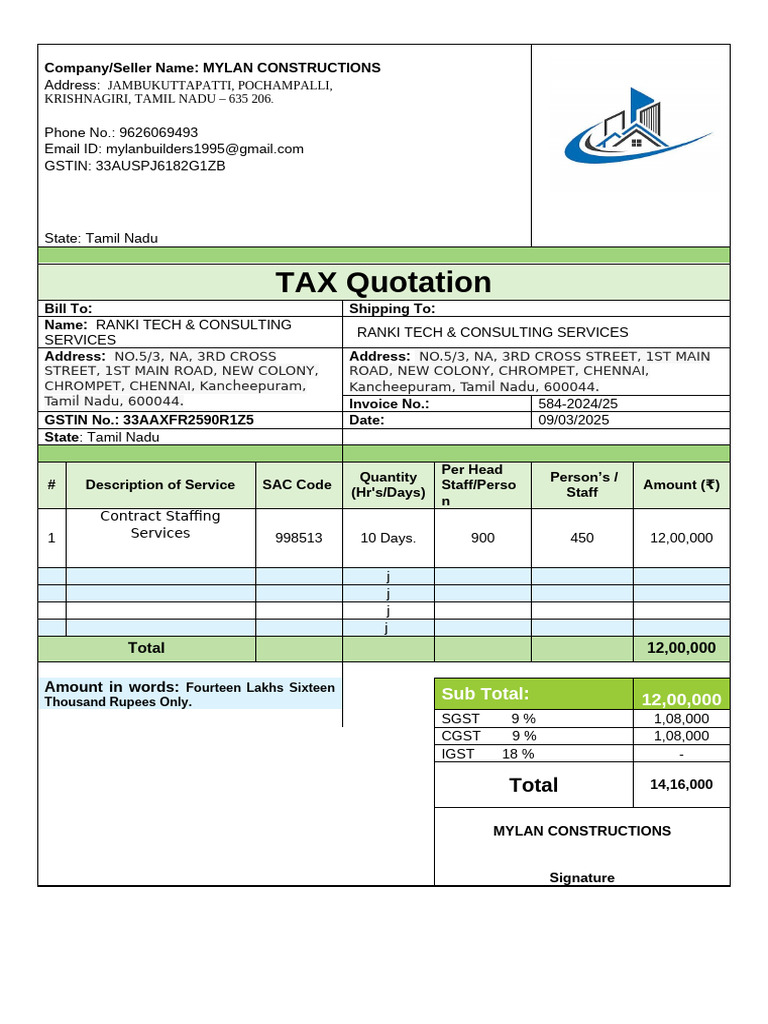 GST Quotation for Contract Staffing | PDF