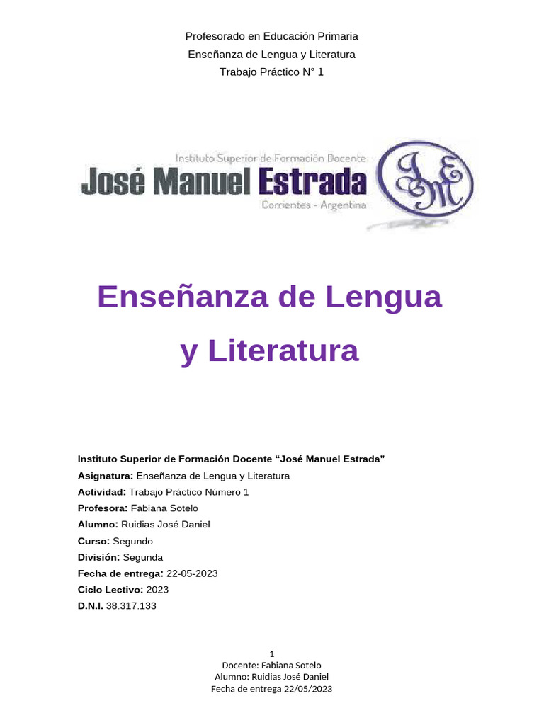 Ruidias Jose Tp1 Ensen Anza de Lengua y Literatura Profesorado en Educacion Primaria | PDF ...