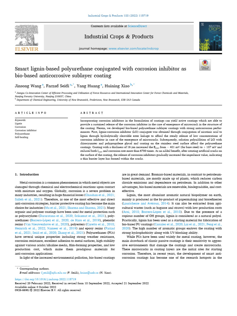 Smart Lignin-Based Polyurethane Conjugated With Corrosion Inhibitor As ...