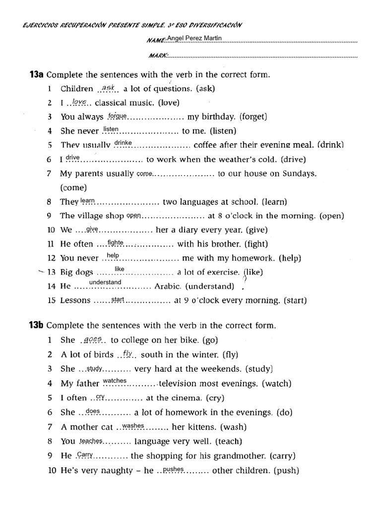 Ejercicios Presente Simple 3º ESO | PDF