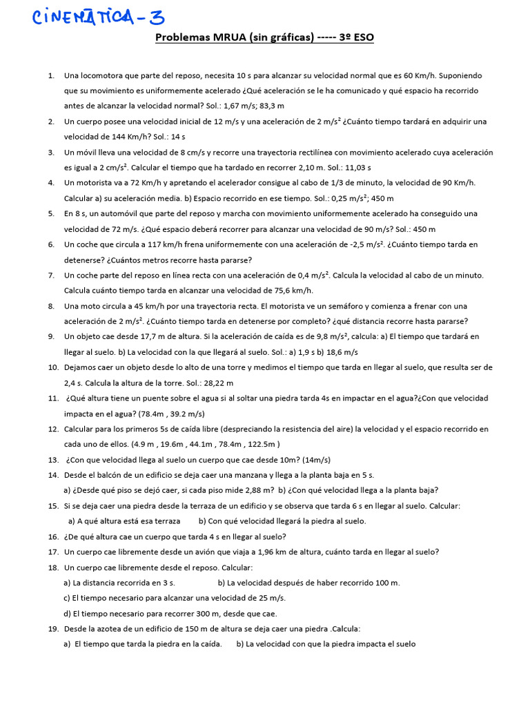 Problemas Cinematica 3. Mrua | PDF | Velocidad | Aceleración