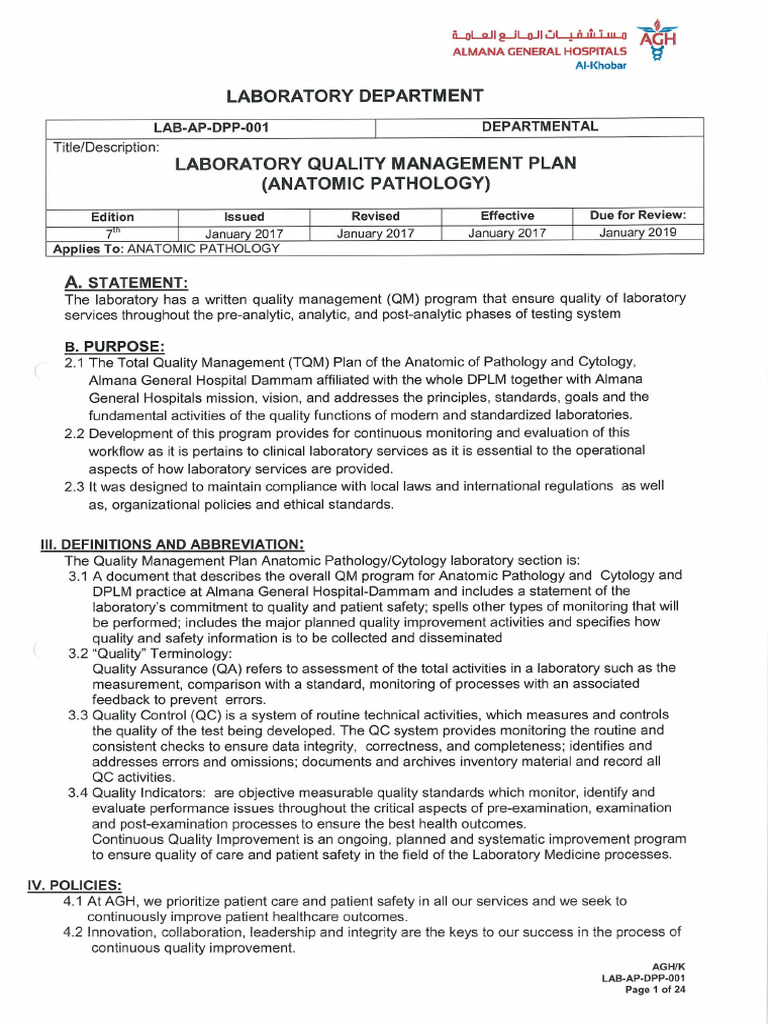 LAB AP DPP 001 Quality Management Plan | PDF