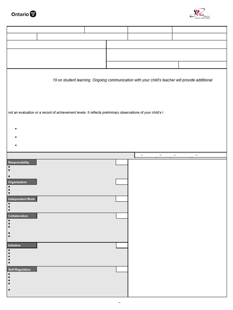 YRDSB Electronic Student Report Card - Progress Nov2020 921500369 | PDF ...
