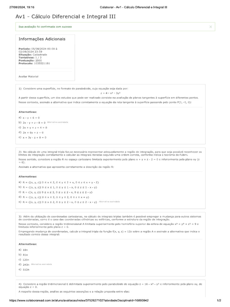 Av1 - Cálculo Diferencial e Integral III | PDF