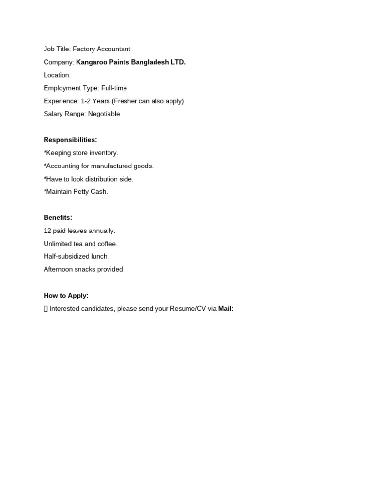 Factory Accountant Job at Kangaroo Paints | PDF