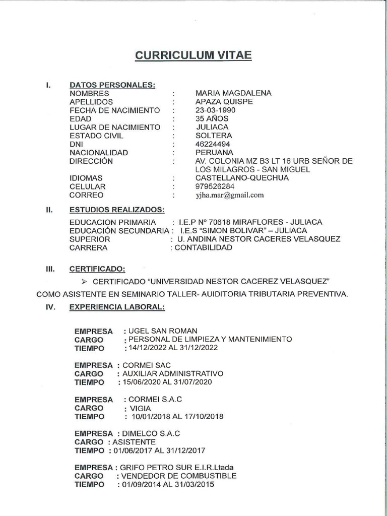 CV Maria Magdalena Apaza Quispe Actual - Compressed | PDF | Gobierno