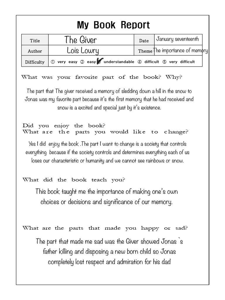 Book Report on "The Giver" Analysis | PDF