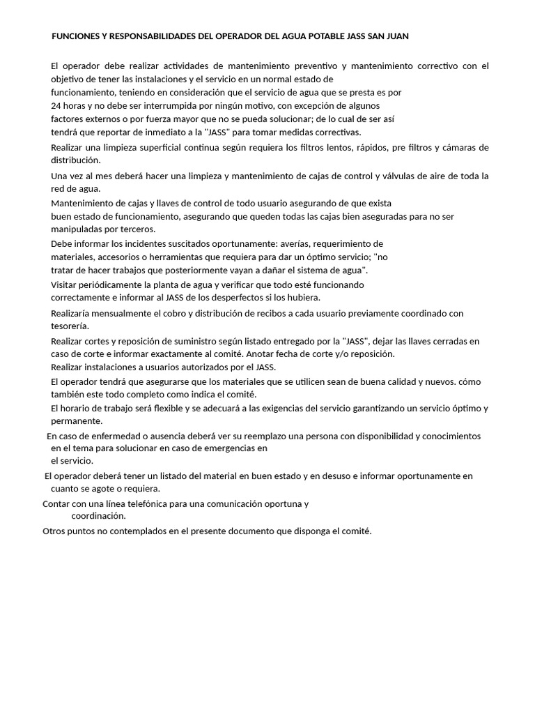 Funciones y Responsabilidades Del Operador Del Agua Potable Jass San Juan | PDF | Agua