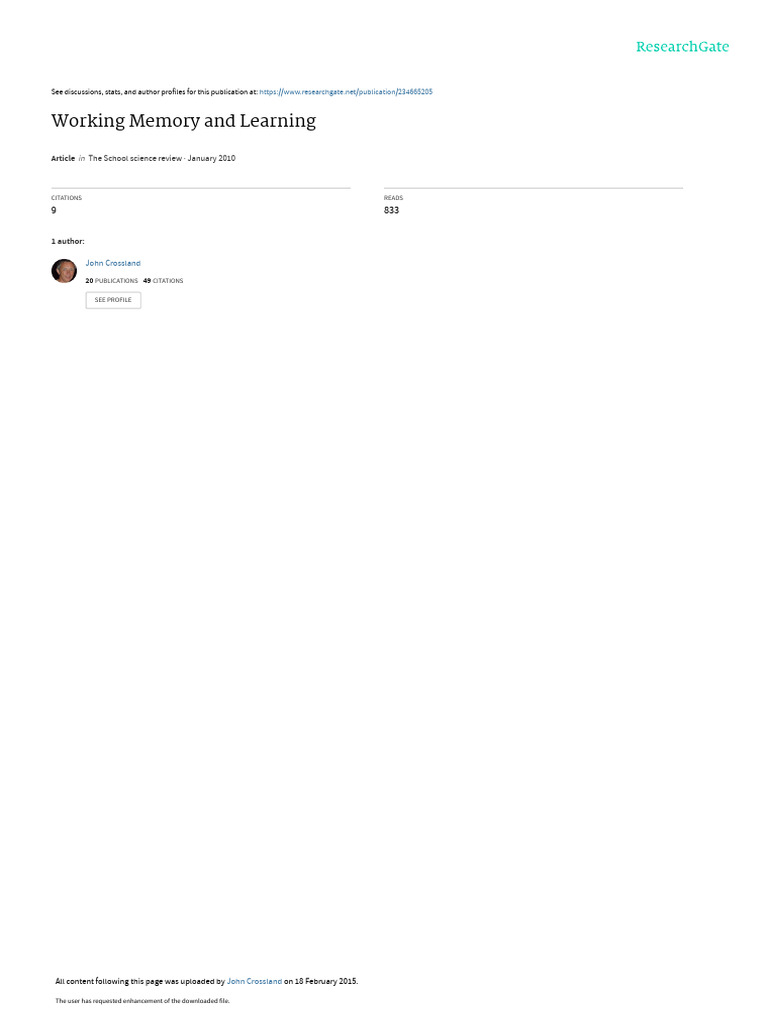 ΓΙΑ ΕΙΣΑΓΩΓΗ WORKING MEMORY AND LEARNING CROSSLAND | PDF | Memory | Working Memory