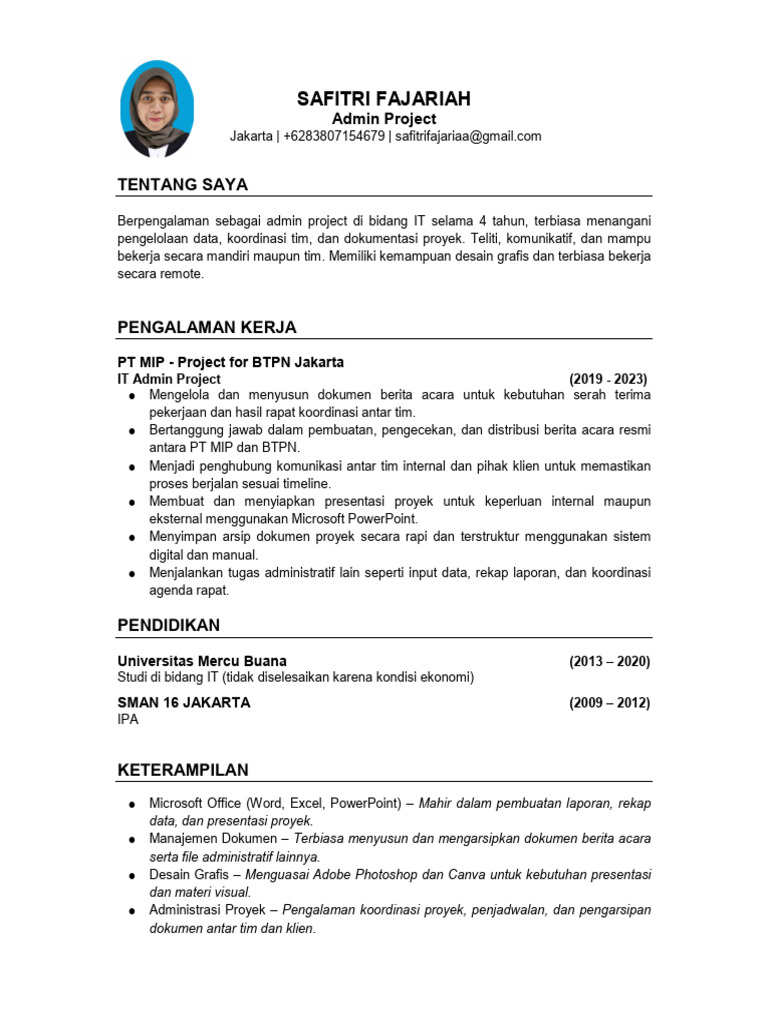 CV Safitri Fajariah Admin Project | PDF