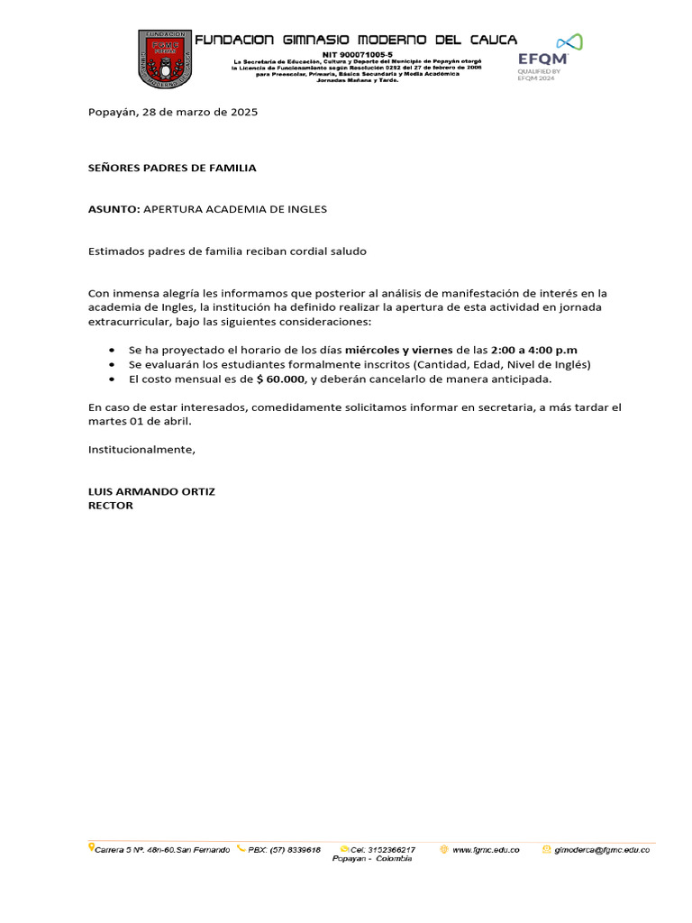 Comunicado Academia de Ingles | PDF