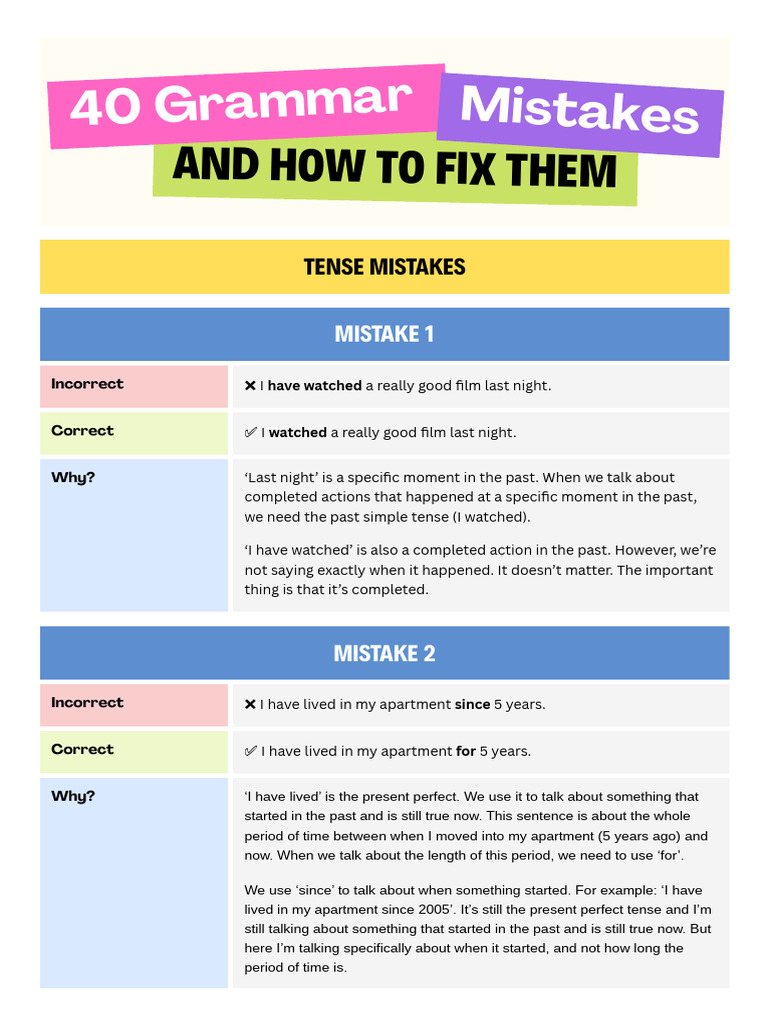 40 Common Grammar Mistakes Explained | PDF | Adverb | Syntax