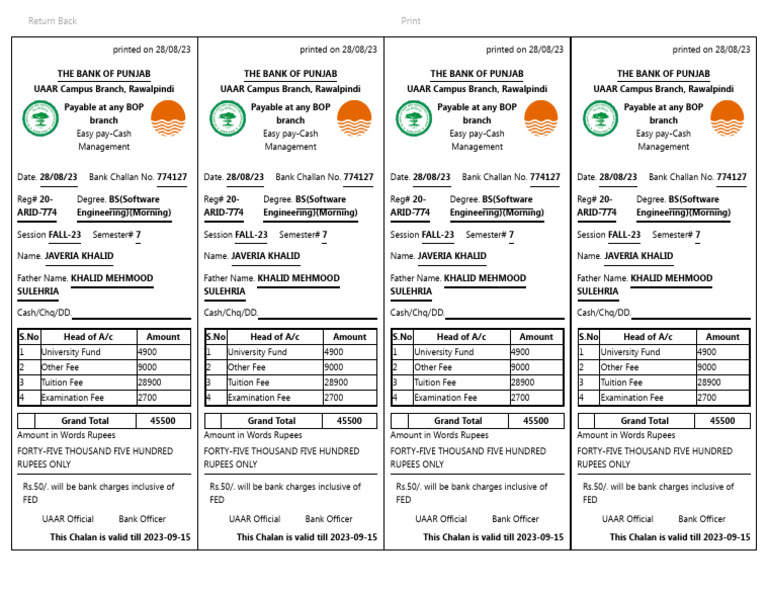 Fee Challan for BS Software Engineering | PDF | Fee | Services (Economics)