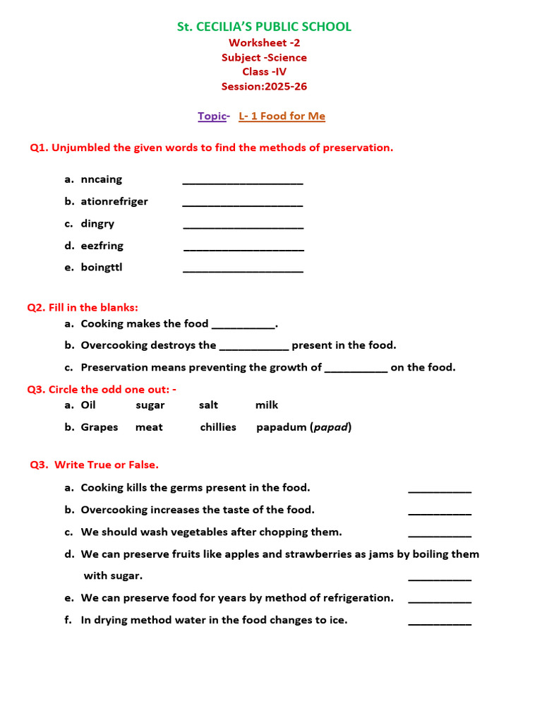 Science Worksheet - 2 (Class 4) | PDF