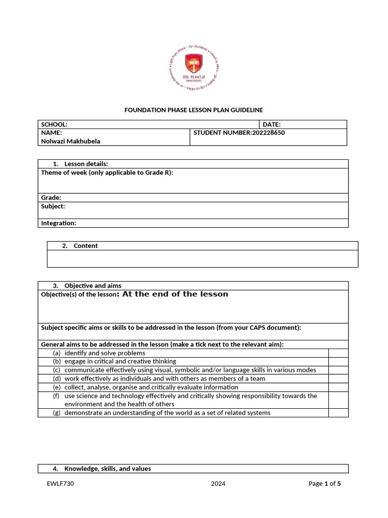 Foundation Phase Lesson Plan Template MATH PRESENTATION | PDF | Lesson ...