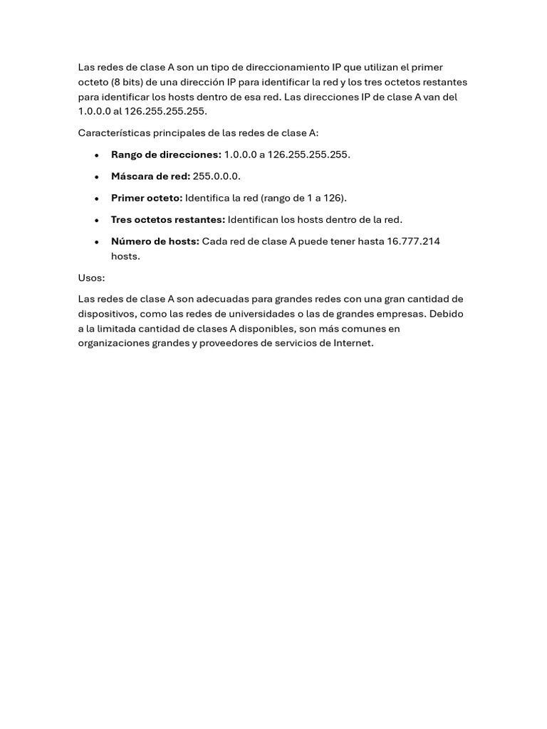 Redes de Clase A: Características y Usos | PDF