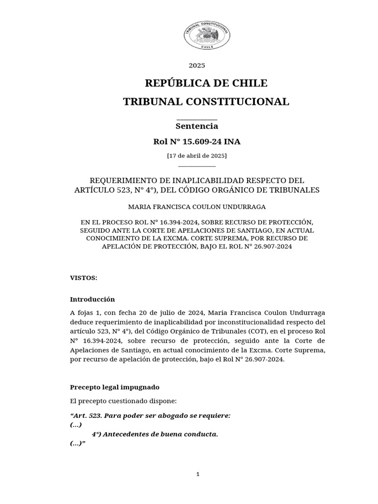República de Chile Tribunal Constitucional: Sentencia Rol #15.609-24 ...