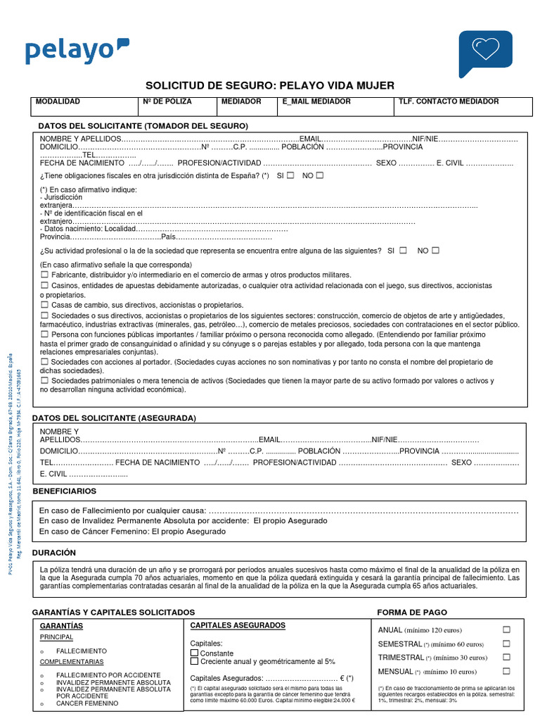 Solicitud Seguro Pelayo Vida Mujer | PDF | Seguro | Póliza de seguros