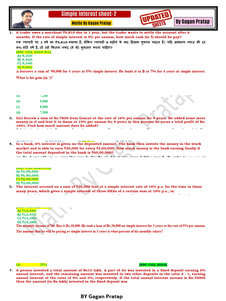 012) Simple Interest Sheet-2 | PDF