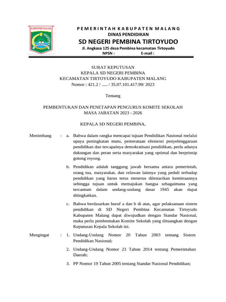 Contoh SK Komite Sekolah | PDF