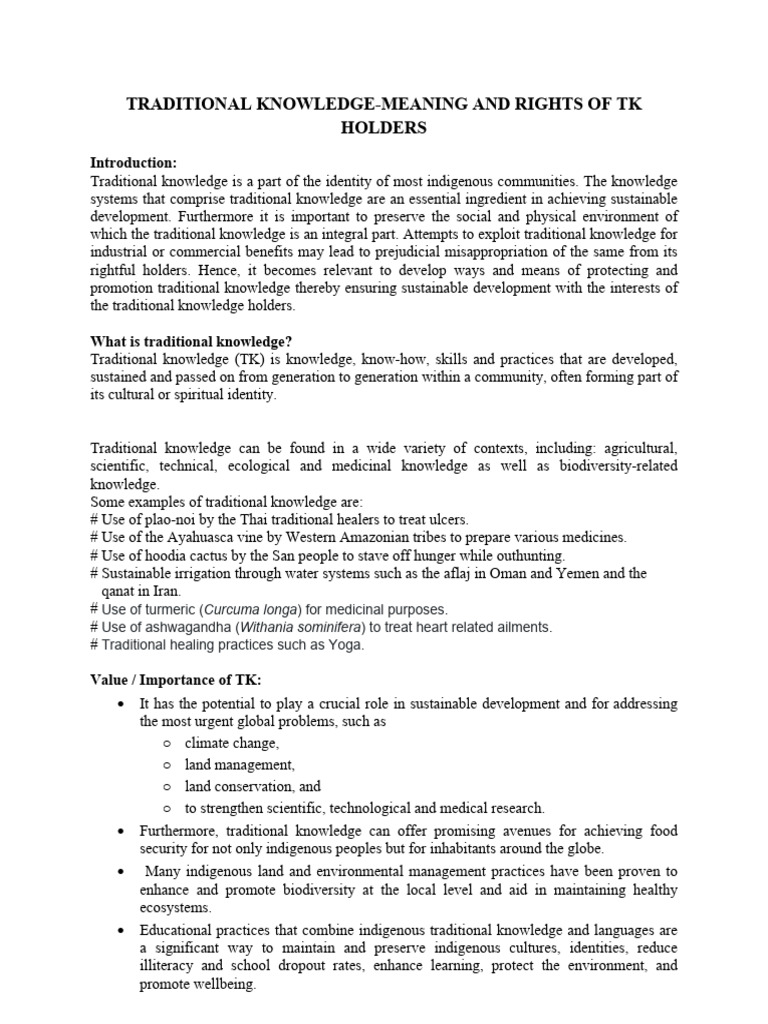 Traditional Knowledge-Meaning and Rights of Tkholders | PDF ...