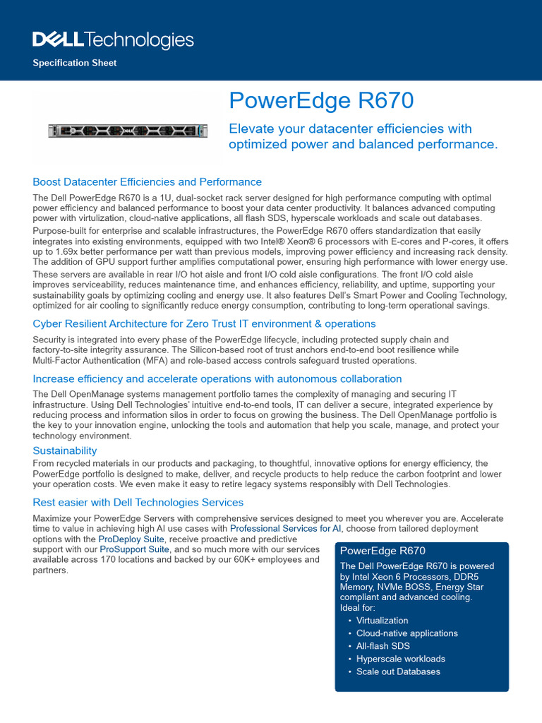 Poweredge r670 Spec Sheet | PDF | Data Center | Scalability