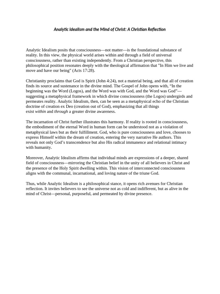 Analytic Idealism and The Mind of Christ - A Christian Reflection | PDF