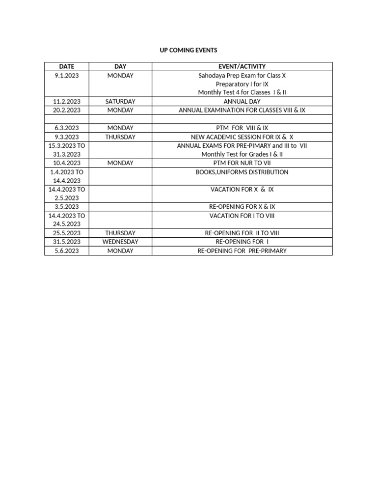 Upcoming School Events Schedule 2023 | PDF