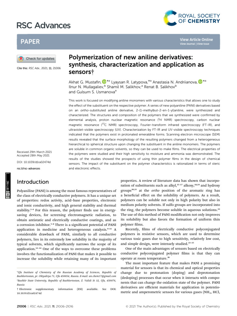 Synthesis of Aniline Derivatives for Sensors | PDF | Nuclear Magnetic ...