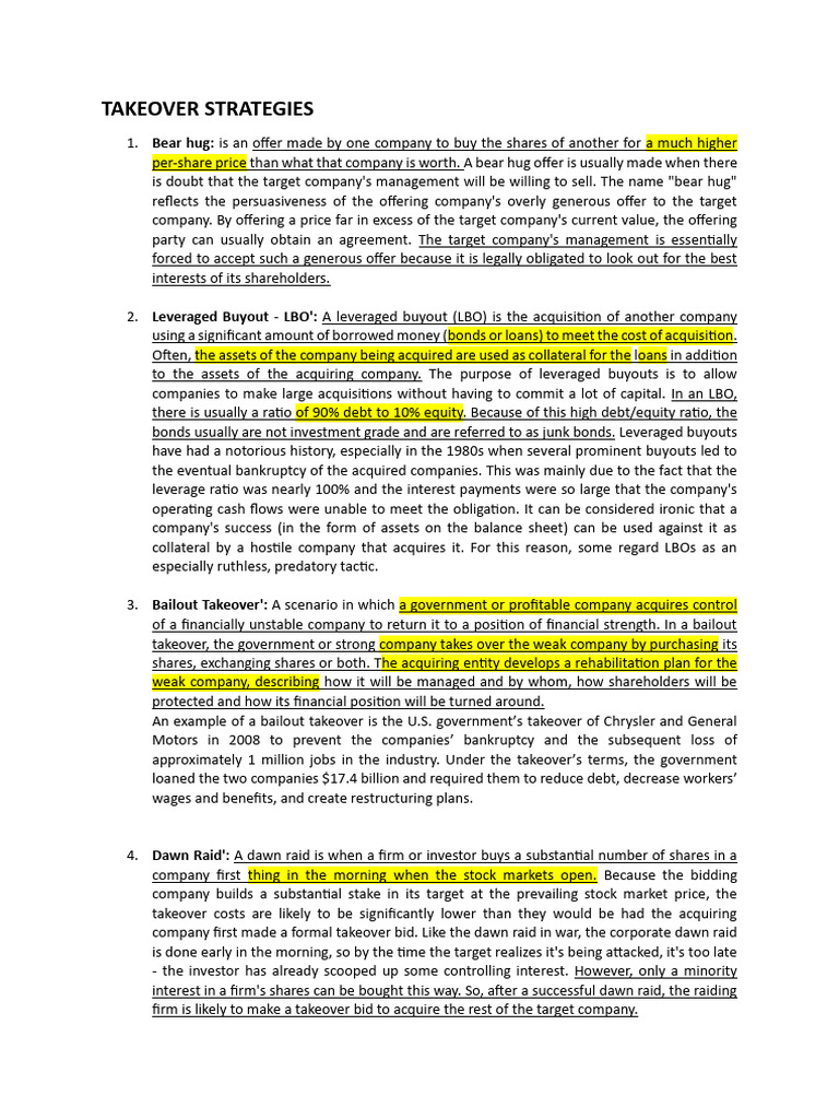 TAKEOVER ^LLL0 DEFENSE STRATEGIES | PDF | Takeover | Leveraged Buyout