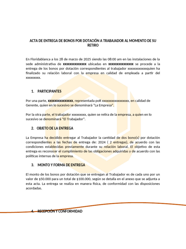 2 Acta de Entrega de Bonos Por Dotación A Trabajador Al Momento de Su Retiro | PDF
