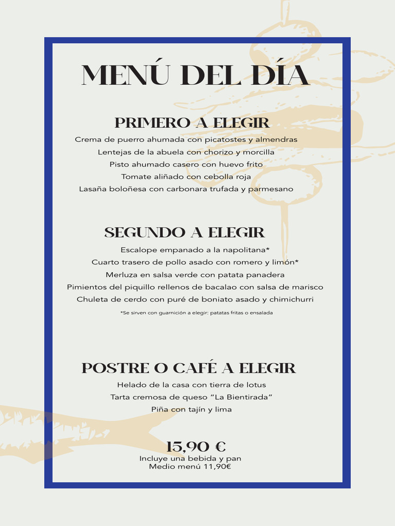 Menú del Día en La Bientirada | PDF | ensalada | Comida y bebida