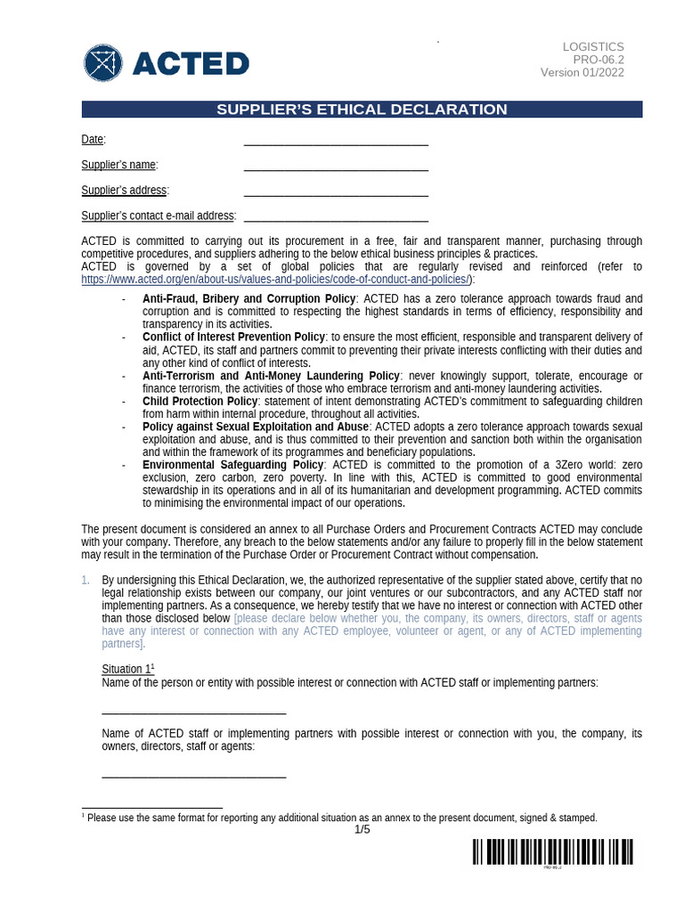 ACTED Supplier Ethical Declaration Form | PDF | Labour Law | Employment