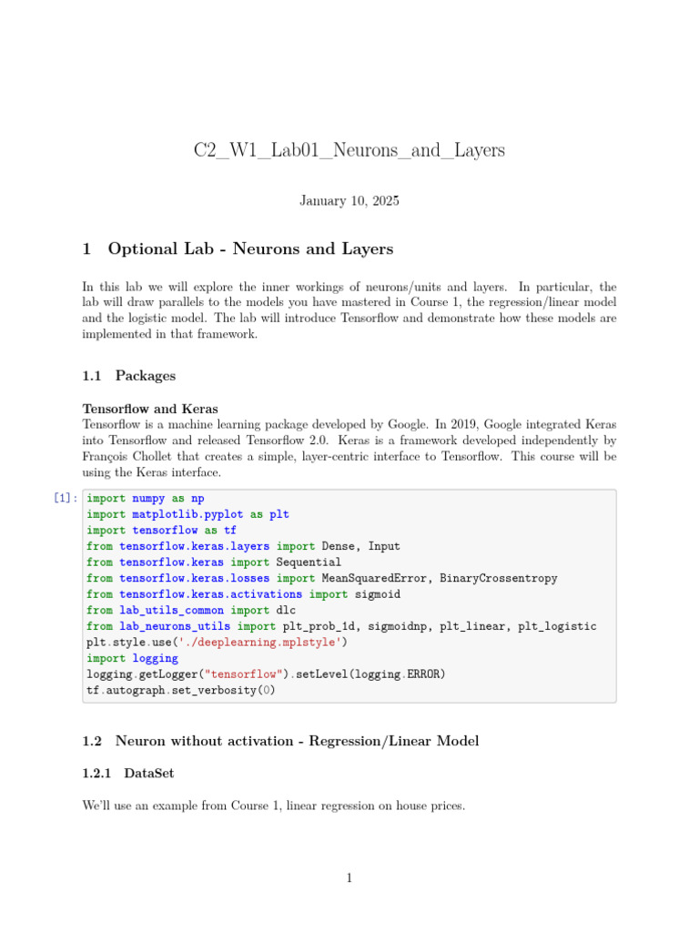 C2 W1 Lab01 Neurons and Layers | PDF | Regression Analysis | Algorithms
