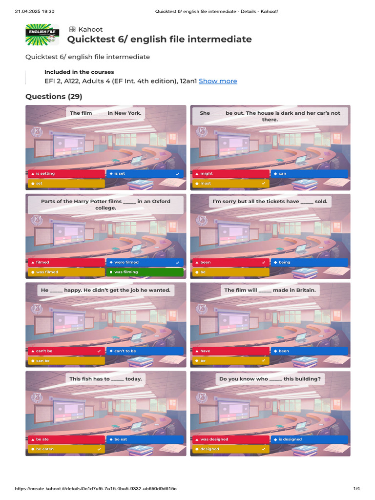 Quicktest 6 - English File Intermediate - Details - Kahoot! | PDF