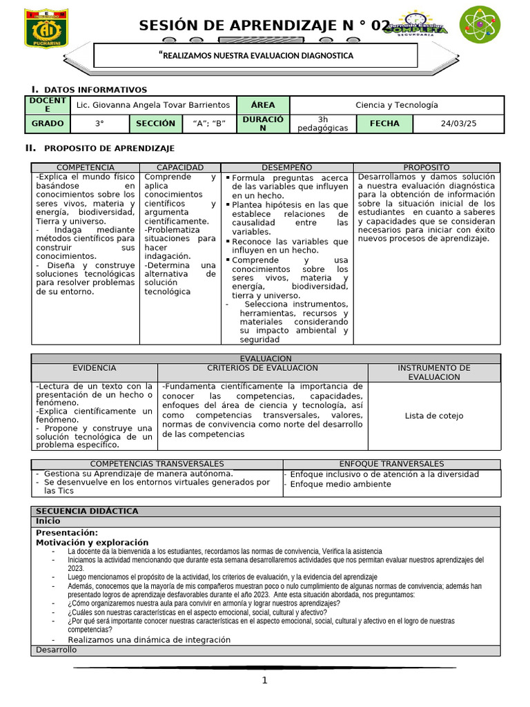 Sesión de Aprendizaje 1 | PDF | Evaluación | Aprendizaje
